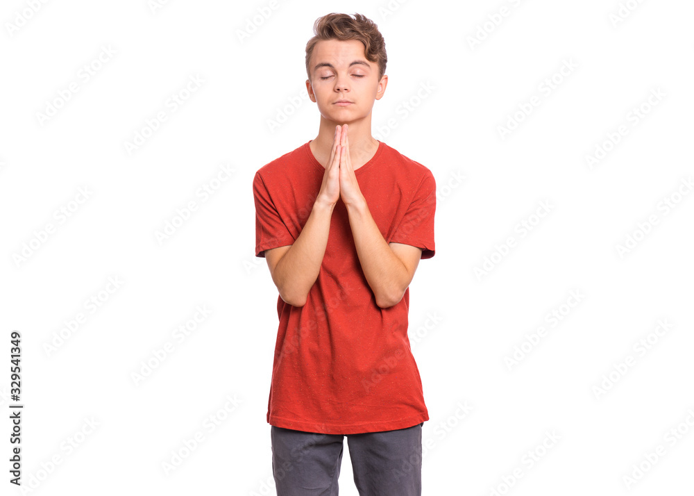 Portrait of teen boy praying, isolated on white background. Cute ...