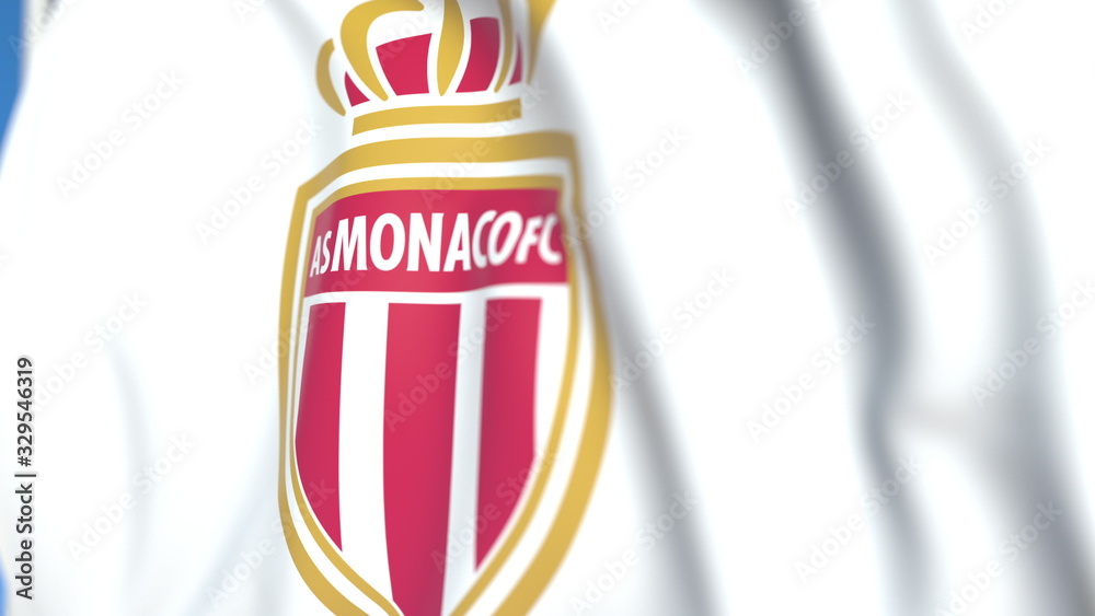 Flying flag with Monaco football team logo, close-up. Editorial 3D ...