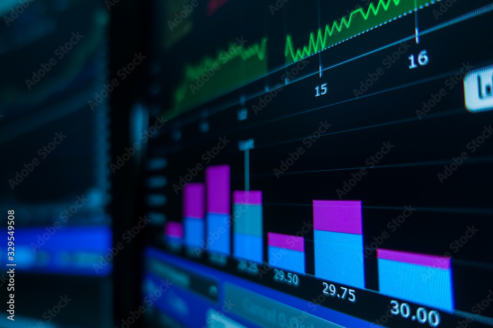 Stock market trading graph and candlestick chart on screen monitor for ...