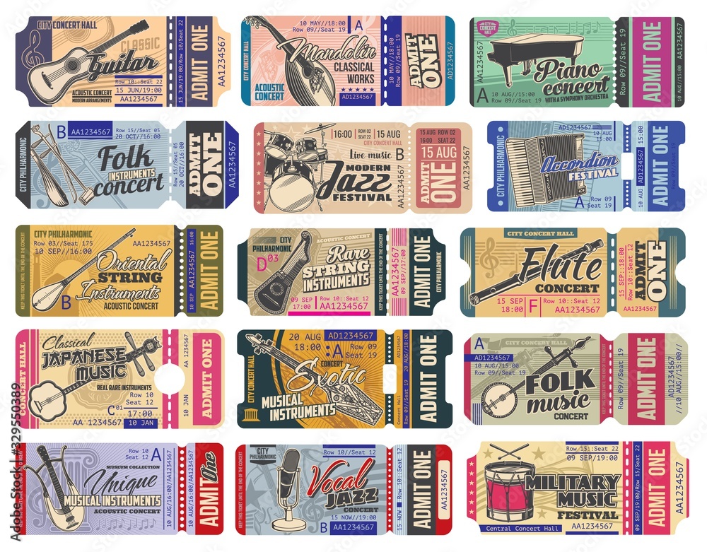 Music concert ticket with vector musical instruments, microphones and ...