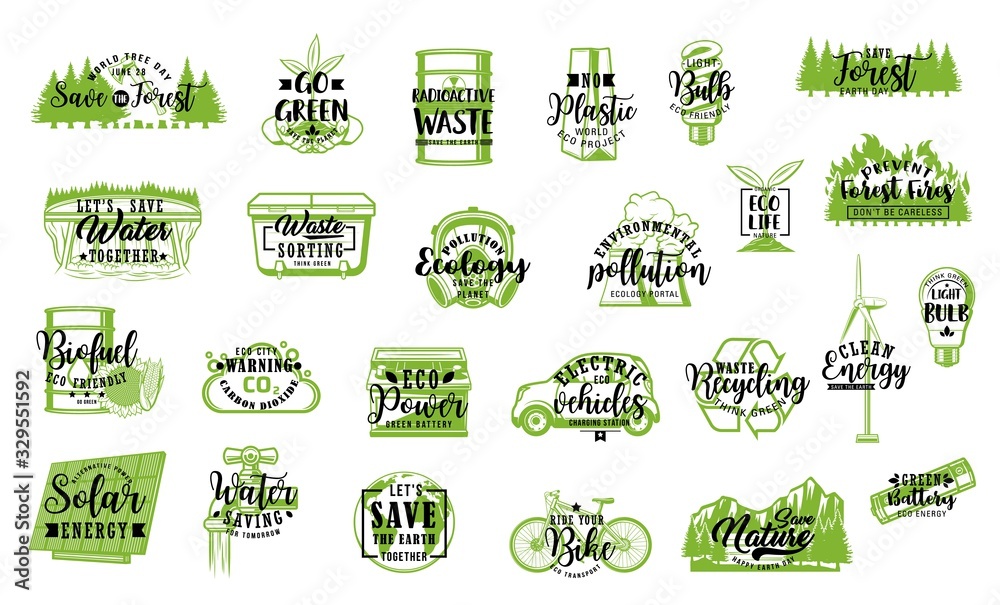 Ecology and environment vector icons with lettering. Recycle and green ...