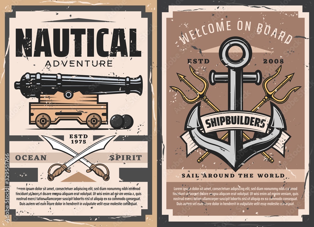 Nautical anchor and old naval cannon vector heraldic poster. Sailing ...