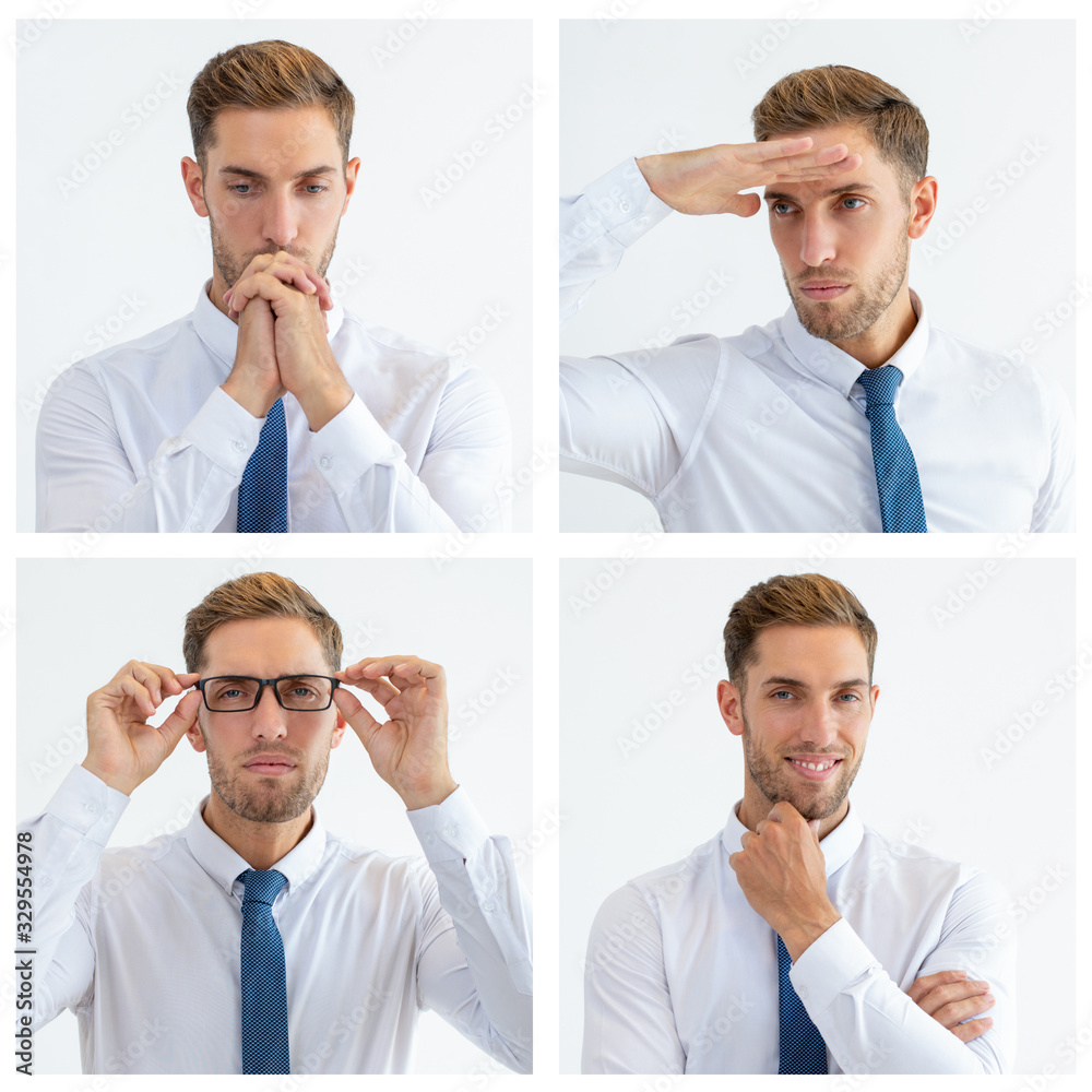 Successful businessman portrait set with different hand gestures and ...