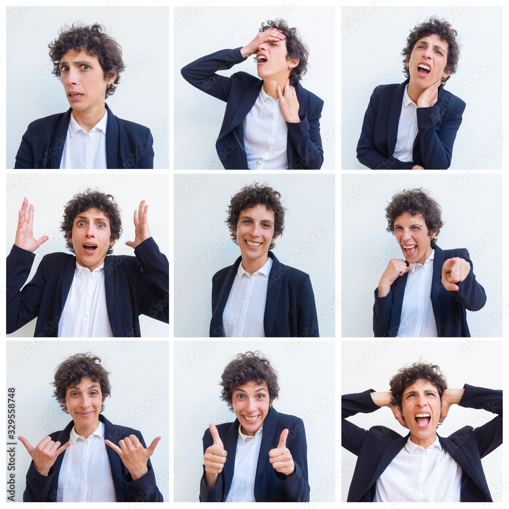 Funny curly haired woman portrait set with different hand gestures and ...
