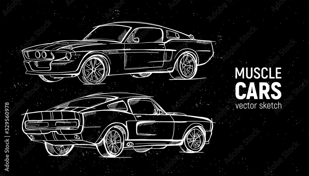 Hand drawn sketch retro car vector set. Three-quarter view and half ...