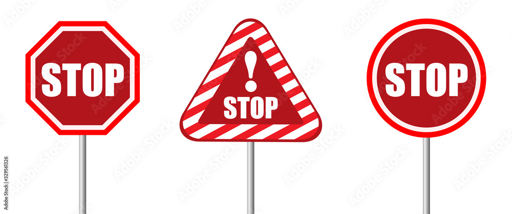 Set road sign Stop bright red symbol. Banner to attract attention ...