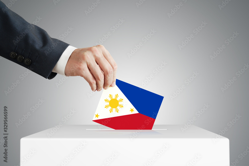 Man putting a voting ballot into a box with Philippines flag. Stock ...