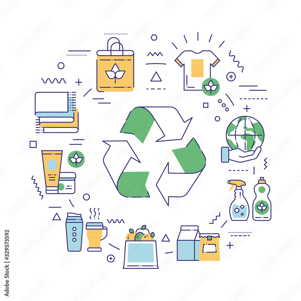Zero waste web banner. Recyclable materials. Infographics with linear ...