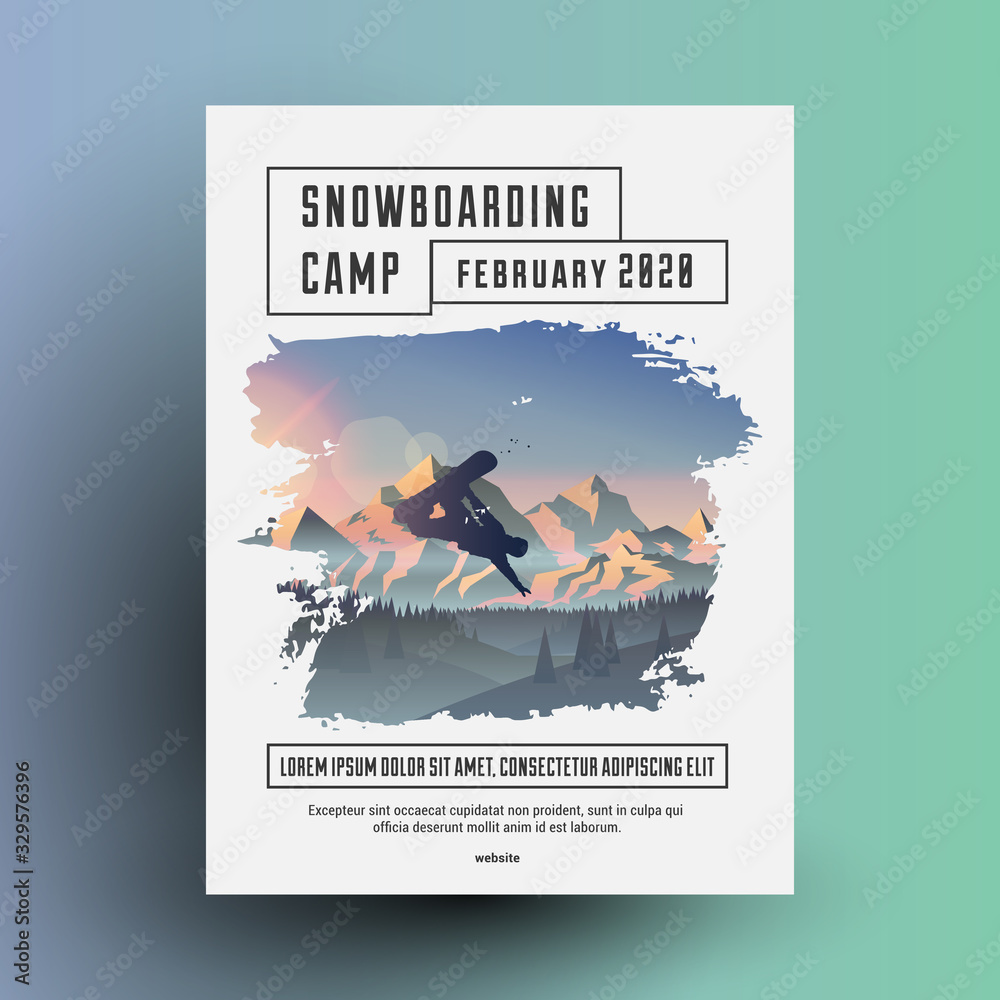 Snowboarding camp flyer or poster design template with snowboard rider ...