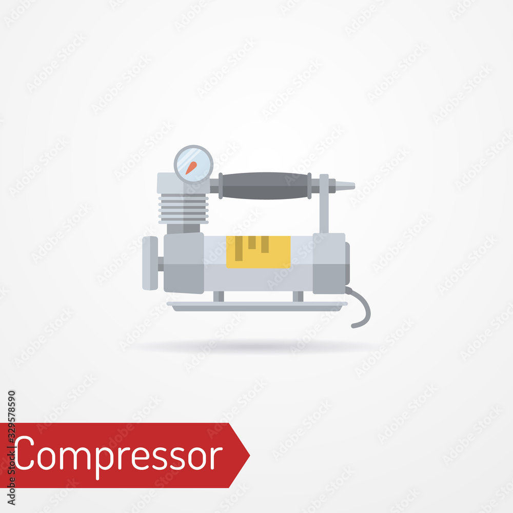 Typical electric air compressor with pressure gauge. Modern isolated ...