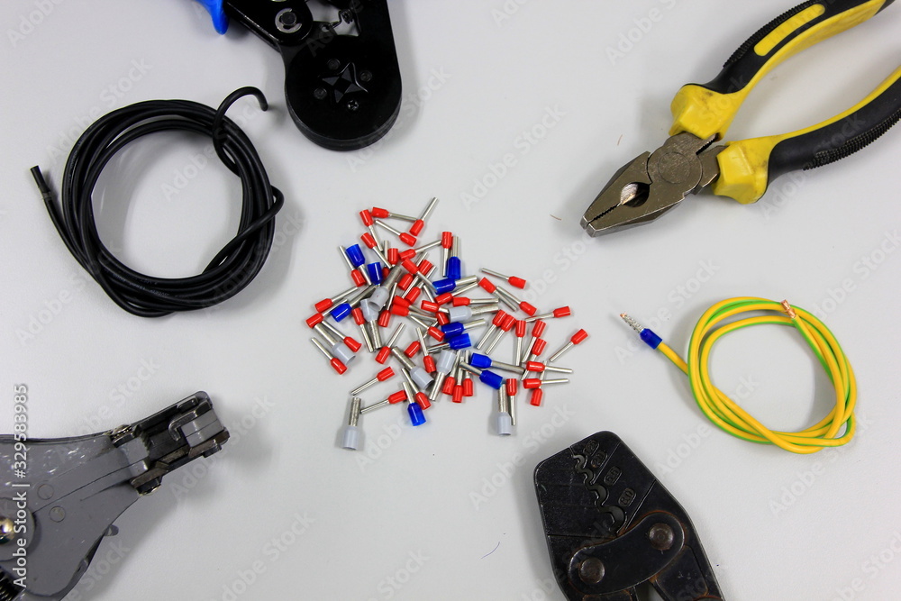 Tools for electrical wiring signal. Crimping tools, wire tips and ...