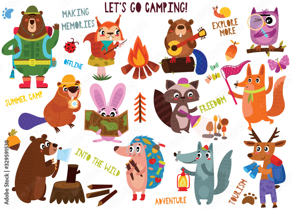 Big collection of cute camping animals in hand drawn style. Set of ...