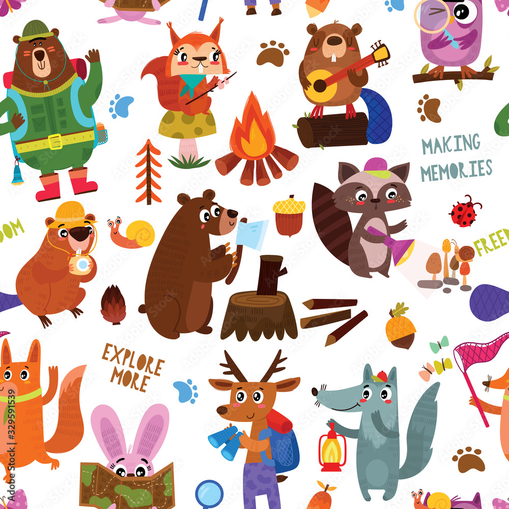 Camping seamless vector pattern with cartoon animals in the forest and ...