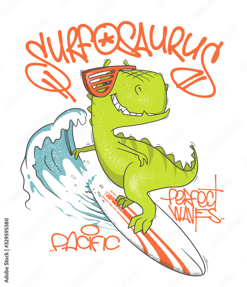 Dinosaur surfer ride the wave, on surfboard. Vector illustration. Stock ...