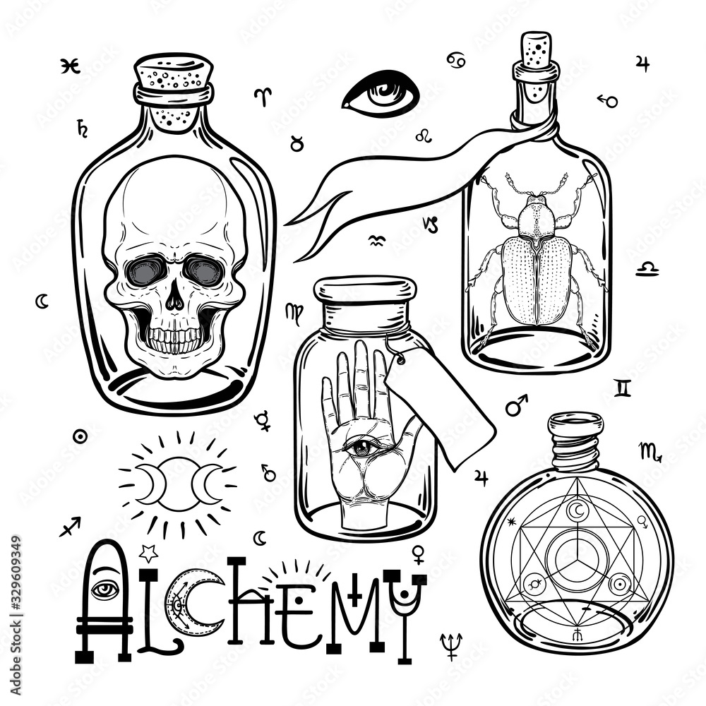 Alchemy symbol icon set. Spirituality, occultism, chemistry, magic ...