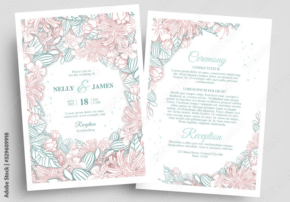 Wedding Invitation Layout with Line Art Floral Borders Stock Template ...