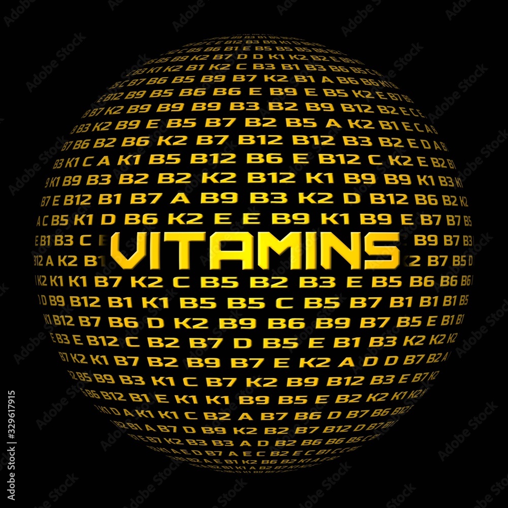 Vitamins symbols in random order in form of the globe - word VITAMINS ...