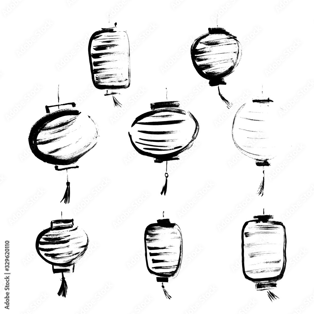 Chinese lantern drawing. Vector Ink Painting of Chinese Lantern. Set ...