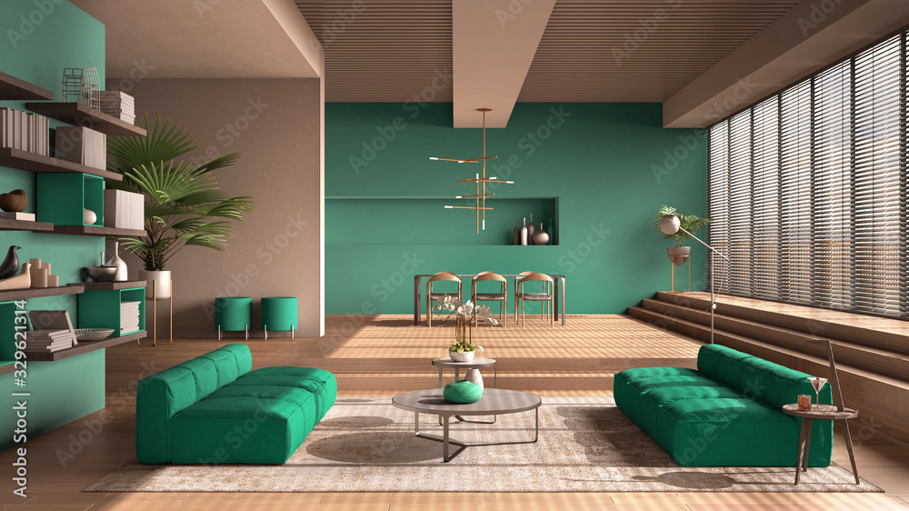 Modern living room in turquoise tones, hall, open space with parquet ...