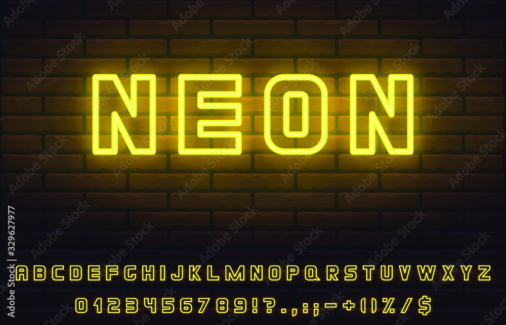 Realistic bright yellow neon light font set. collection of letters ...