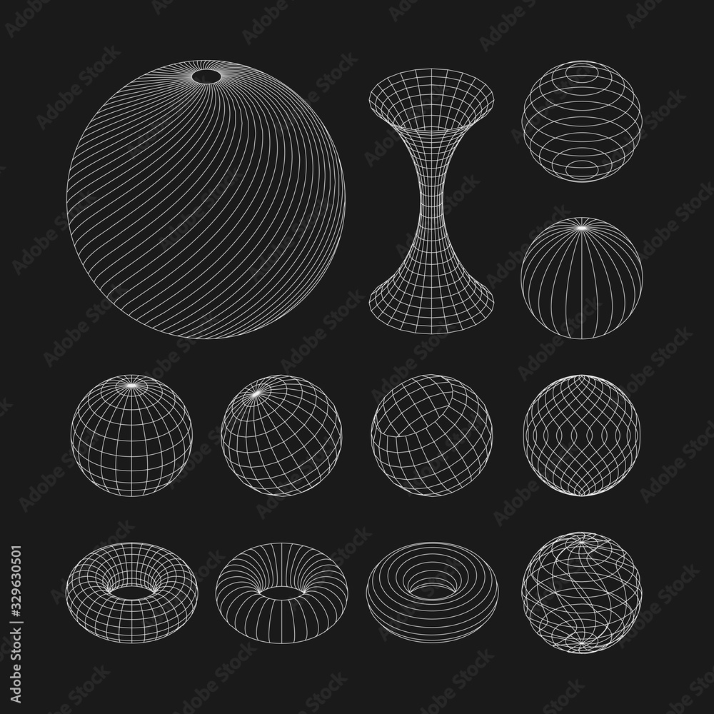 Wireframe earth grid mesh objects set. Network line, HUD design spheres set. Isolated on white ...