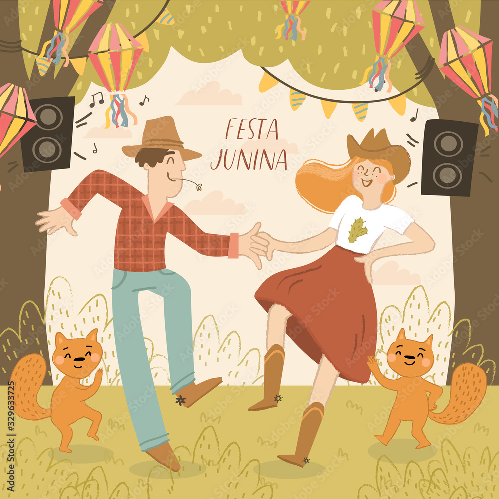 Festa Junina! Vector cute illustration of dancing man and woman ...