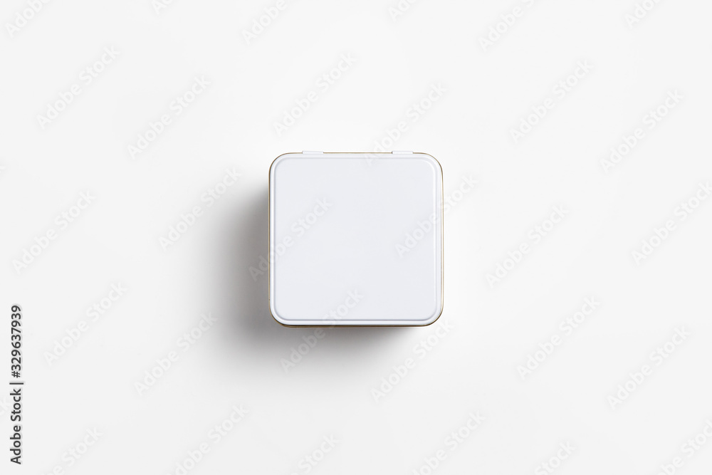 White square Tin Packaging Mock up on white background. Tea, coffee ...