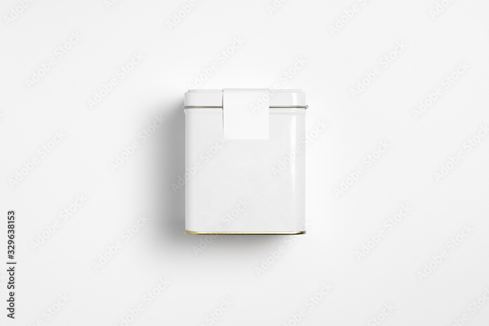 White square Tin Packaging Mock up on white background. Tea, coffee ...