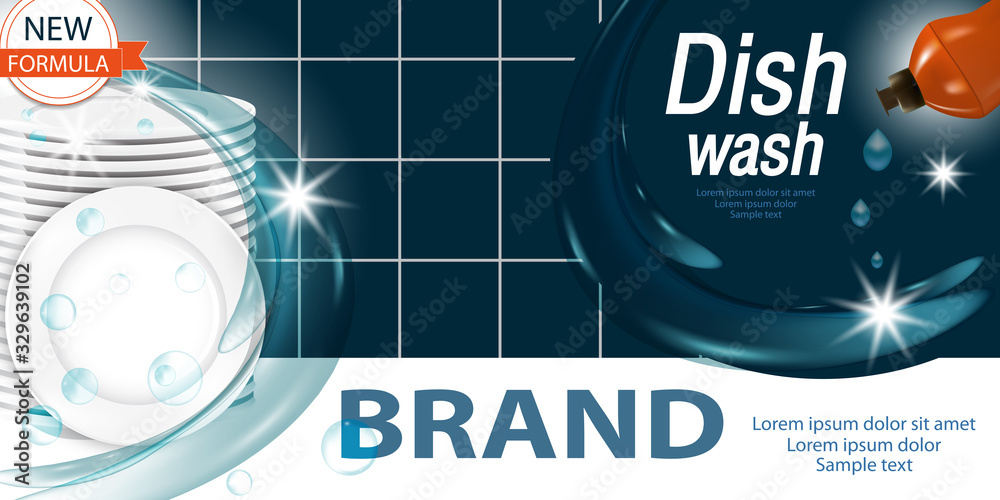 Dishwashing liquid products with plates stack. Package design realistic ...