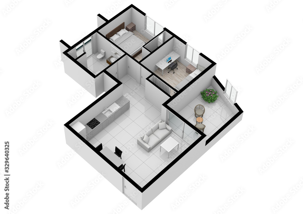 Living space with using colors and textures. Floor plan top view. 3d ...