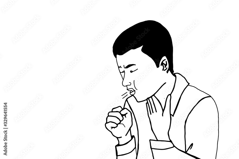 coughing man or sick man cold half body illustration line drawing Stock ...