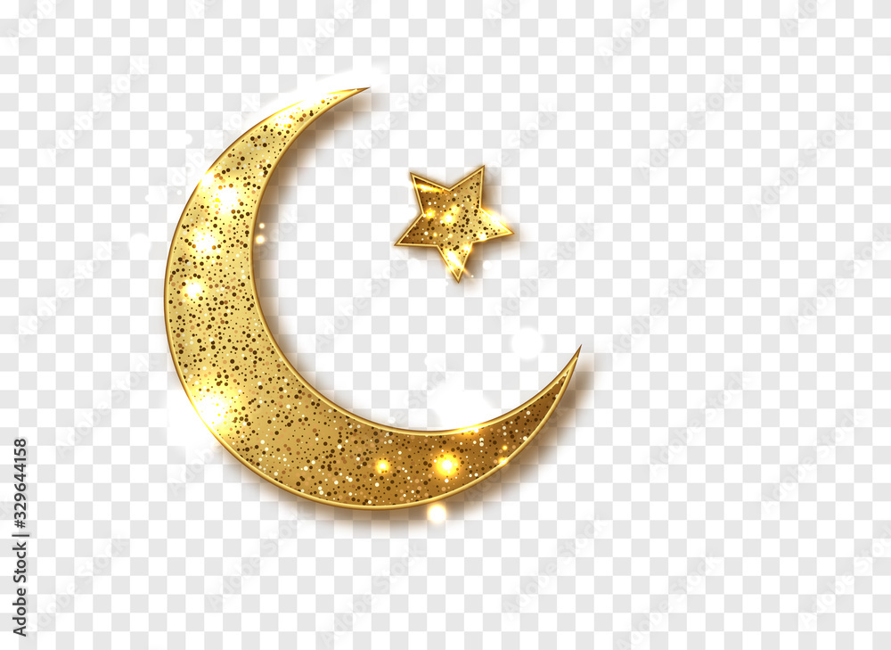 Ramadan decoration isolated. Gold shiny glitter glowing half moon with ...