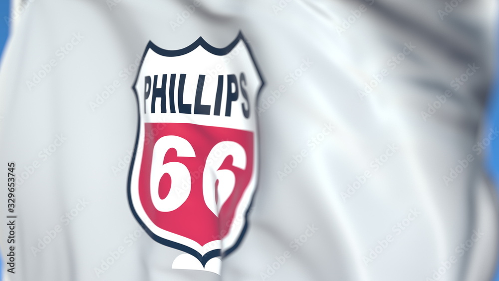 Waving flag with Phillips 66 logo, close-up. Editorial 3D rendering ...