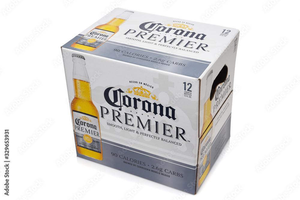 IRVINE, CALIFORNIA - 10 MAR 2020: A 12 pack of Corona Premier bottles ...