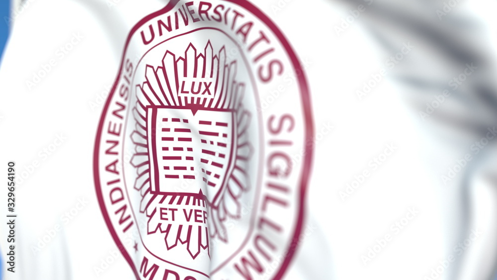 Flying flag with Indiana University emblem, close-up. Editorial 3D ...