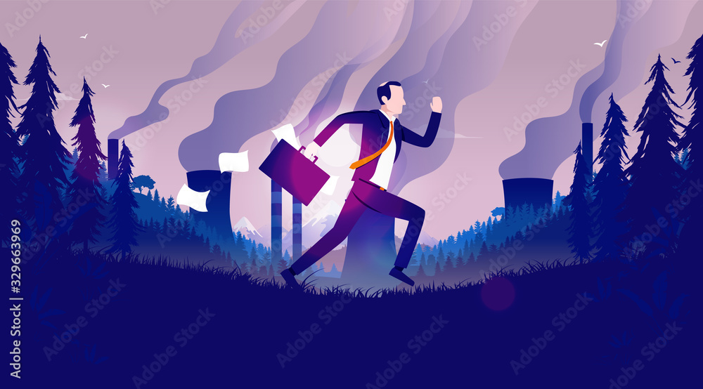 Politician running from climate change. Man running with briefcase in ...