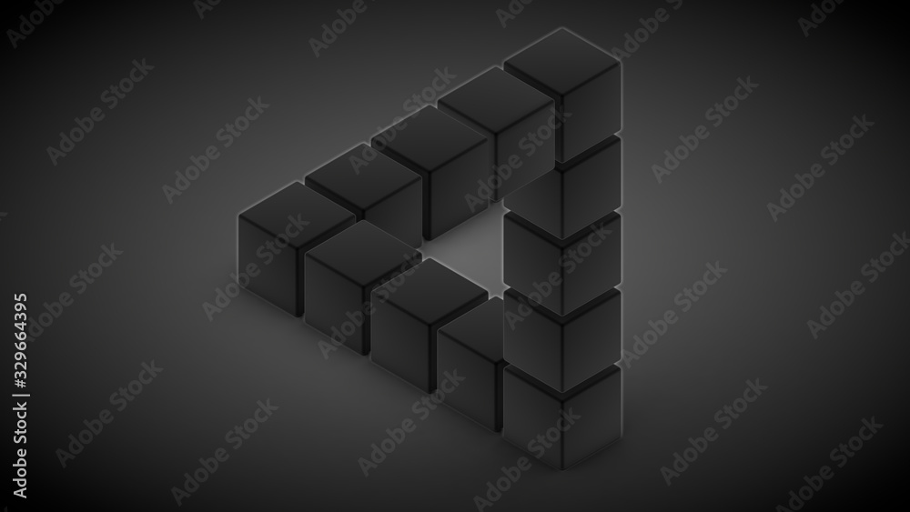 3D rendering of an impossible triangle made of black cubes. Monochrome ...
