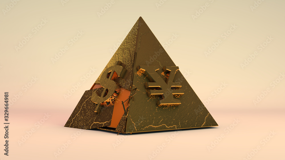 3D rendering of a Golden pyramid with currency symbols. Illustration of ...
