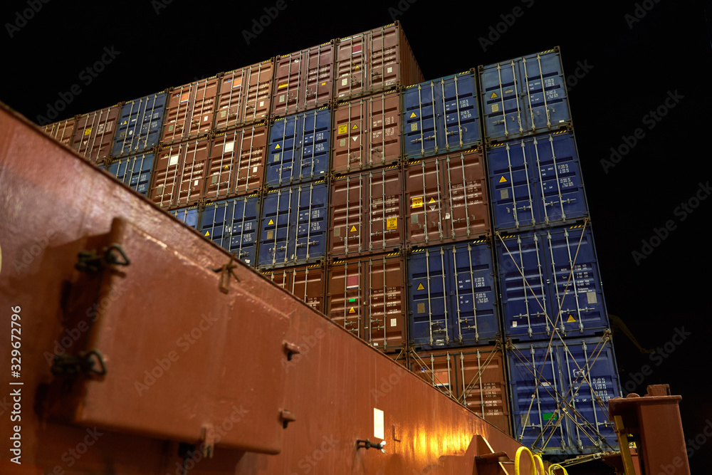 Container ship in port at container terminal. Ships of container ships ...
