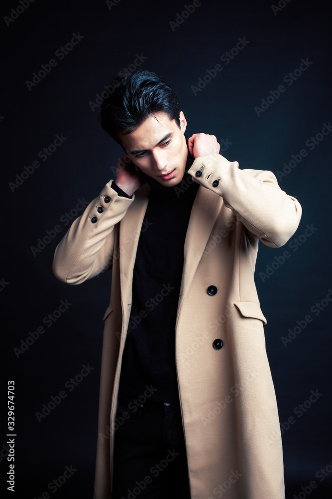 handsome asian fashion looking man posing in studio on black background ...
