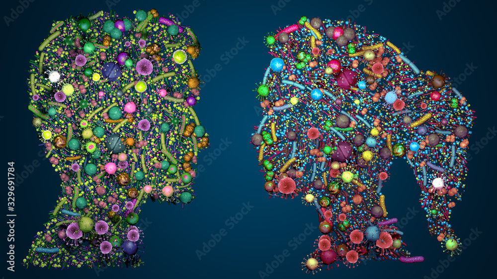 Silhouette of a human with skin flora,microorganisms which naturally ...