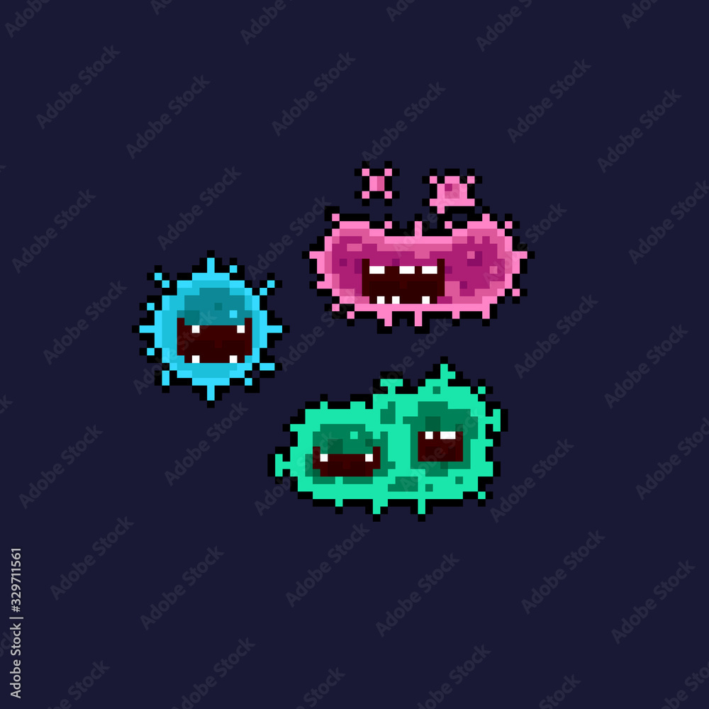 Pixel art cartoon virus character set. Stock Vector | Adobe Stock
