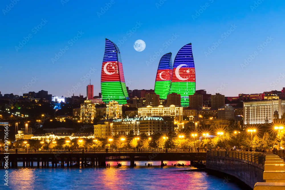 Crescent moon and eight-pointed star on the Flame Towers - neon ...