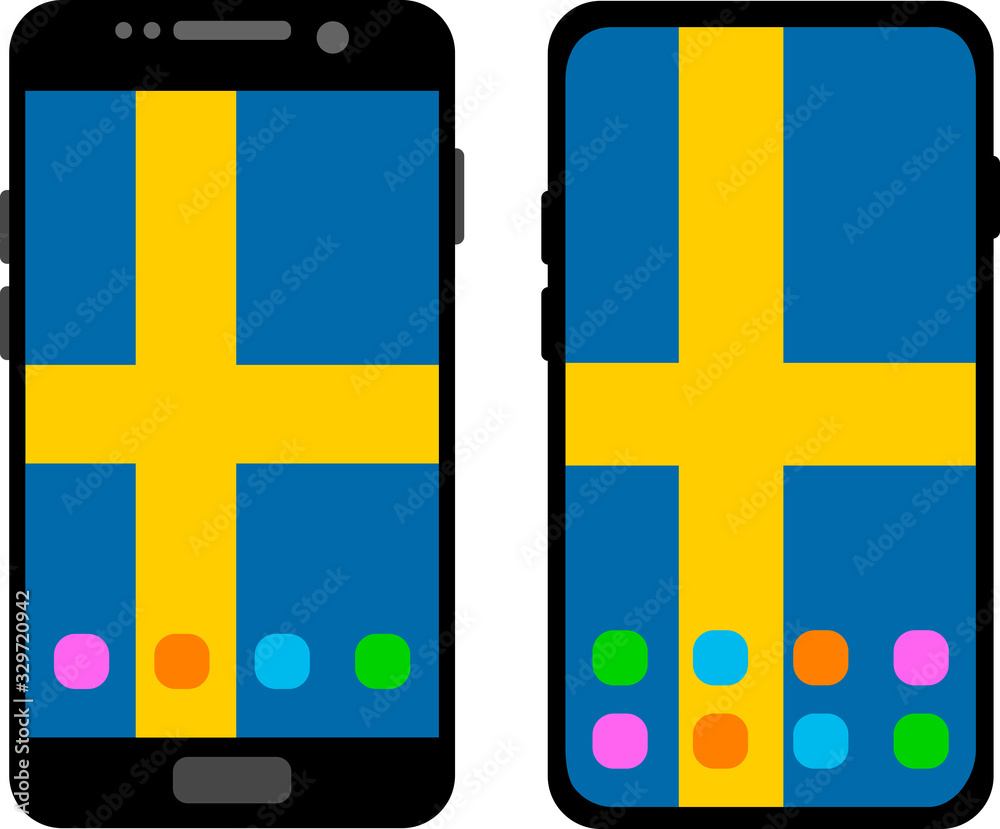 Two black smartphones with a home screen and wallpaper with the flag of ...