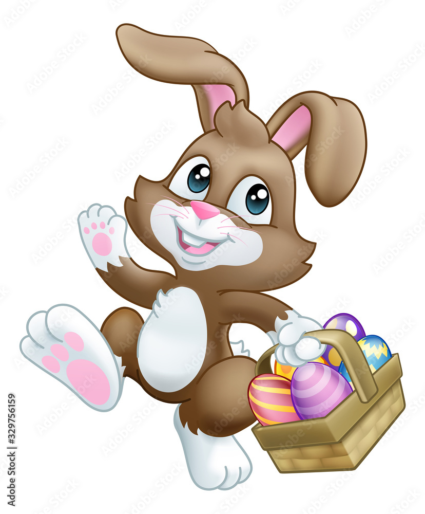 Easter bunny rabbit cartoon character holding a basket full of painted ...