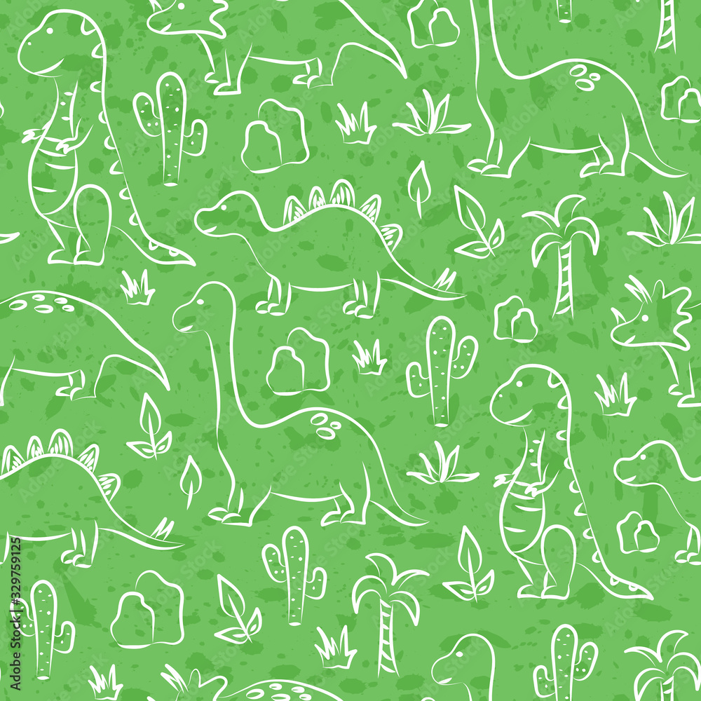 Cute dinosaur print on green background. Seamless pattern Vector ...