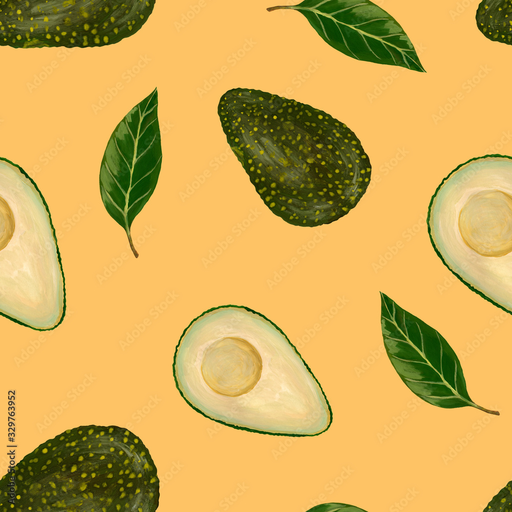Seamless pattern with whole avocado, sliced boneless avocado and green ...