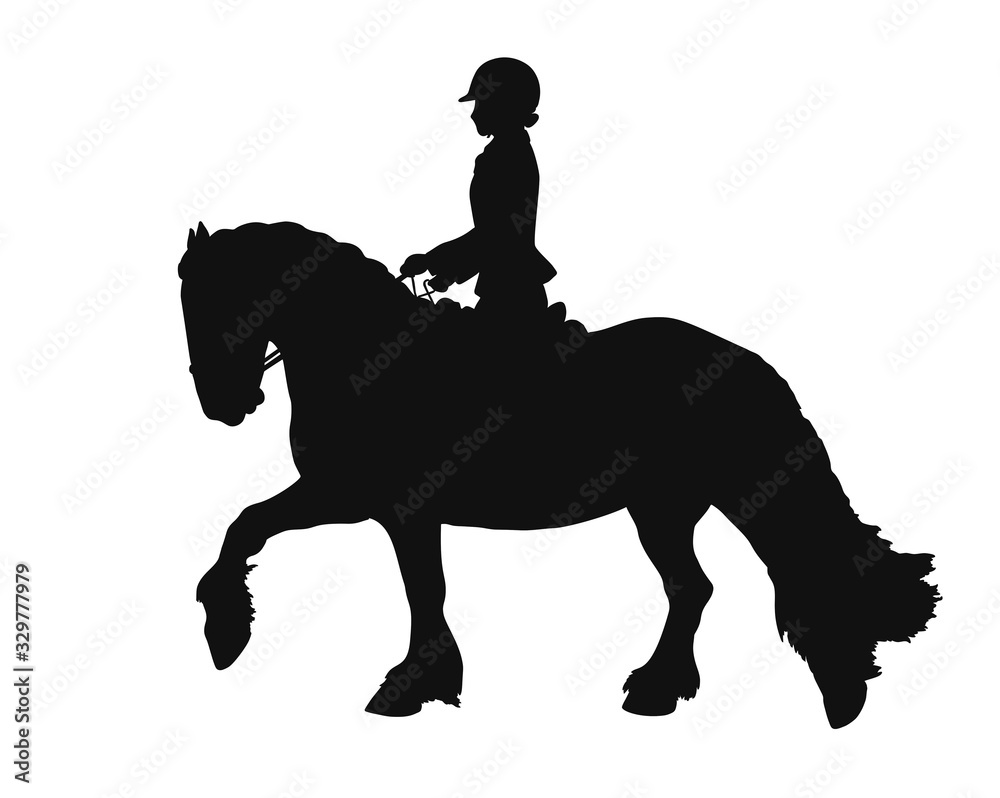 Young Girl Riding A Friesian Horse Vector Silhouette Stock Vector
