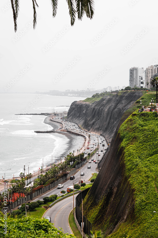 View of the coastal promenade of Lima in the dsitrict of Miraflores ...