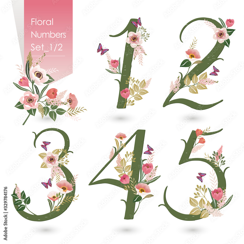 Vector illustration of floral numbers collection in spring. A set of ...